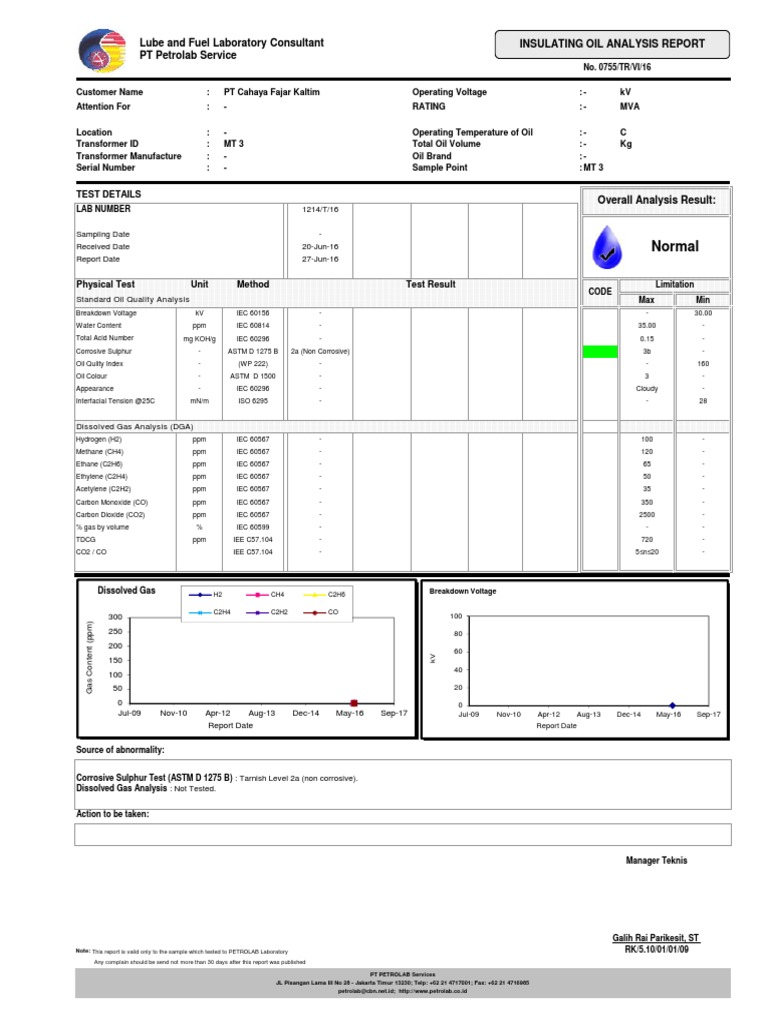 Analisa Oli Main Trafo CFK #3 | PDF | Gases | Physical Sciences