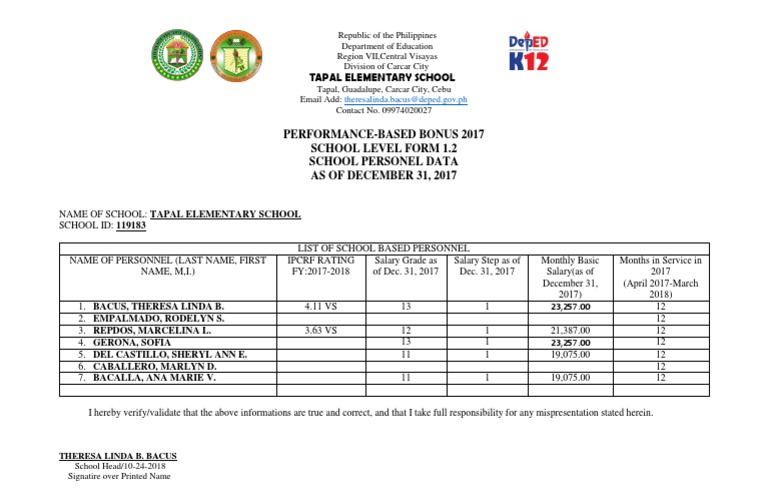 Performance-Based Bonus 2017 School Level Form 1.2 School Personel Data ...