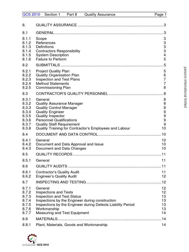 Section 1 - Part 8 PDF | PDF | Quality Assurance | Specification ...