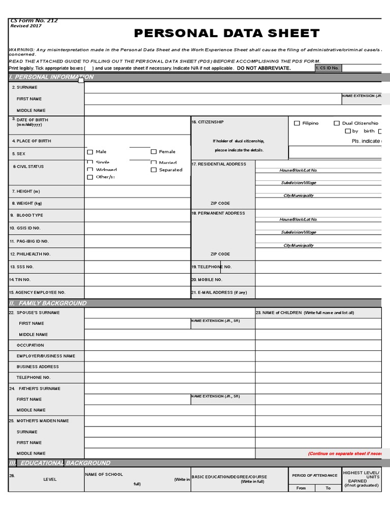 Personal Data Sheet Guide | PDF | Passport | Crime & Violence