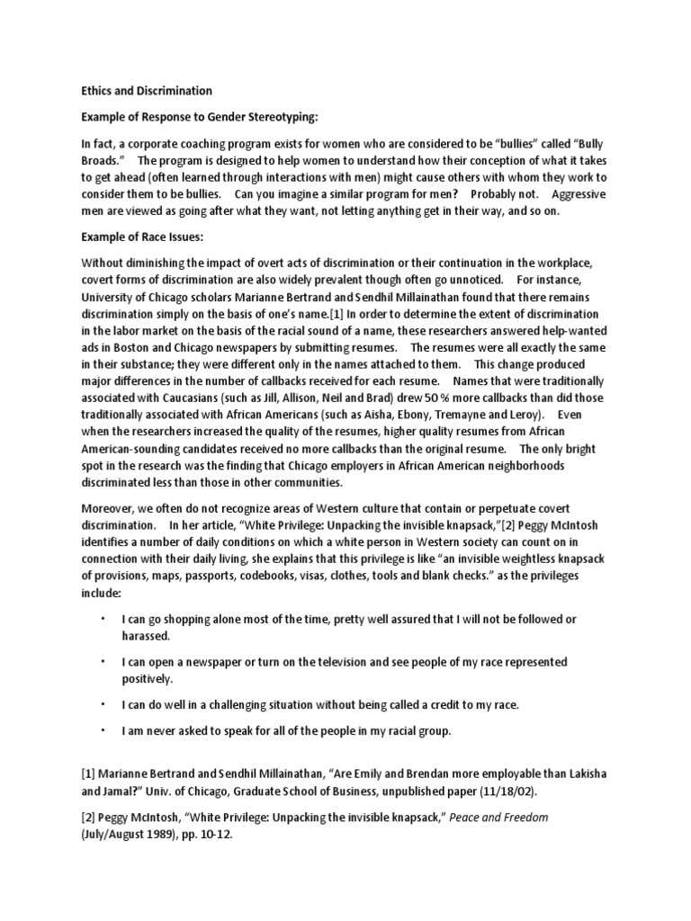 Ethics and Discrimination Example of Response To Gender Stereotyping ...
