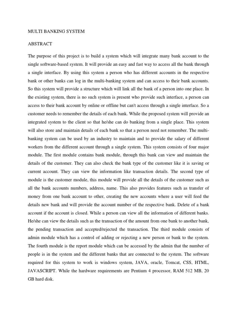 Multi Banking System Project Abstract | PDF | Interface (Computing) | Online And Offline