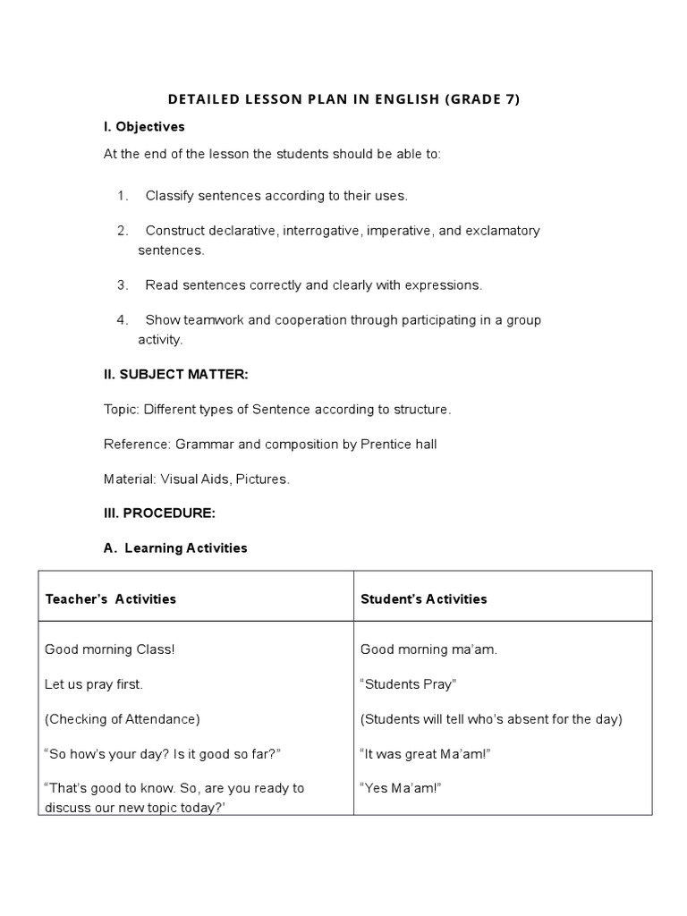 Detailed Lesson Plan in English Grade 7 | PDF | Question | Sentence ...