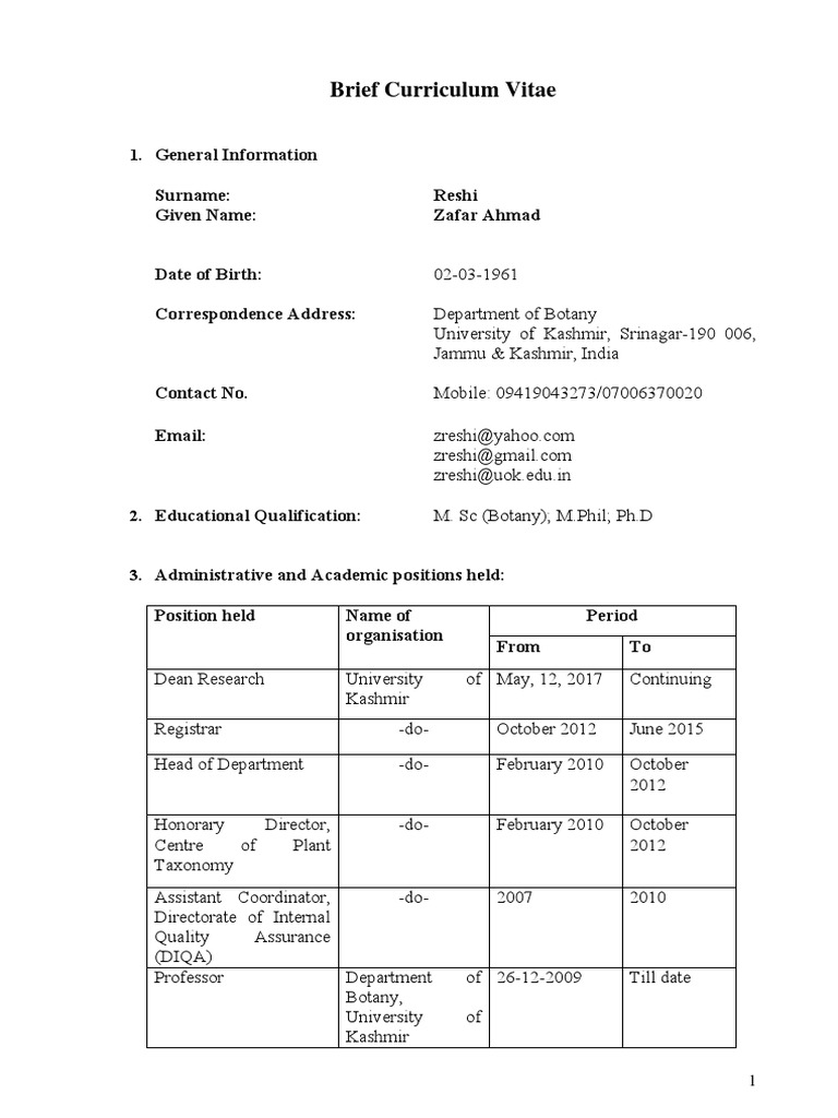 CV-zafar A Reshi-Two Page | PDF | Academia | Science