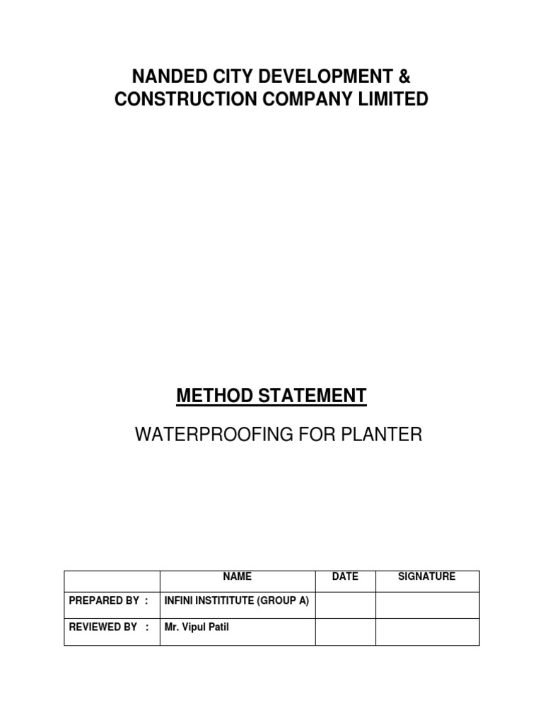 Method Statement For Planter Waterproofing | PDF | Concrete | Paint