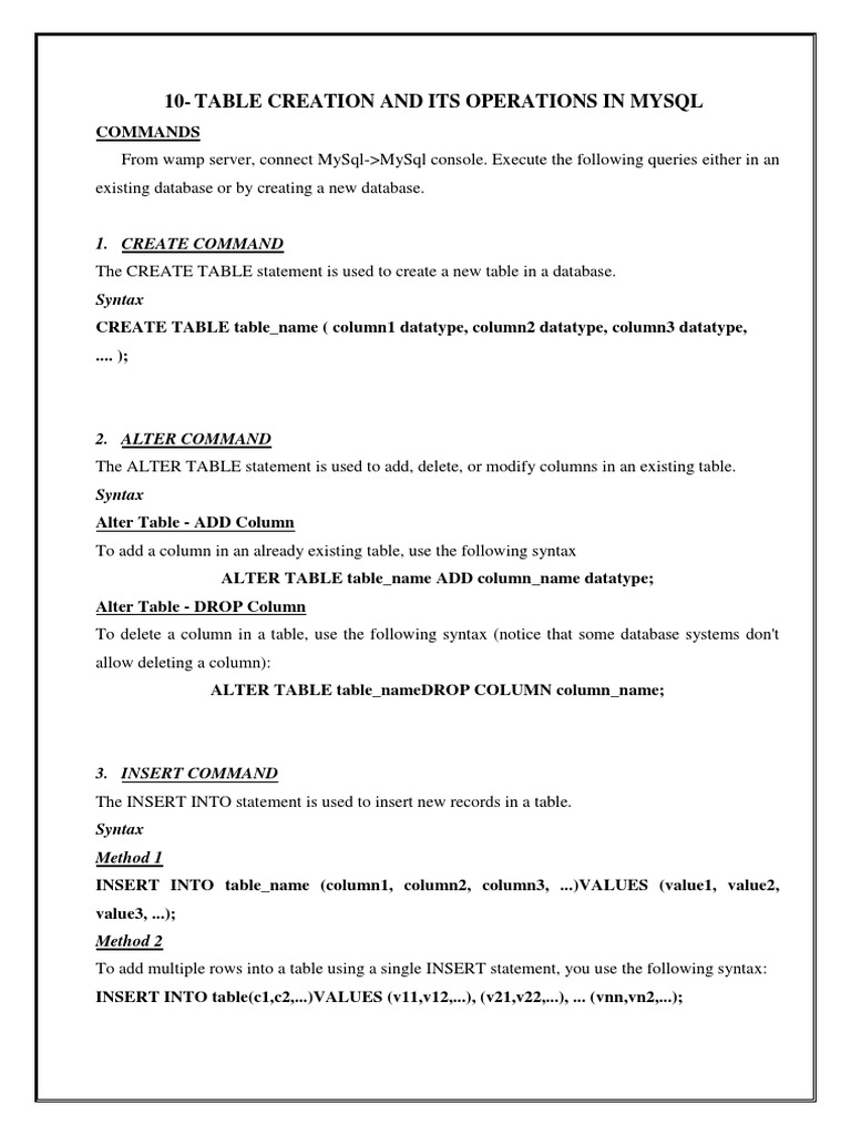 10-Table Creation and Its Operations in Mysql: 1. Create Command | PDF
