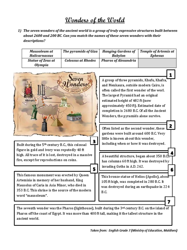 Matching the Seven Wonders of the Ancient World to their Descriptions | PDF