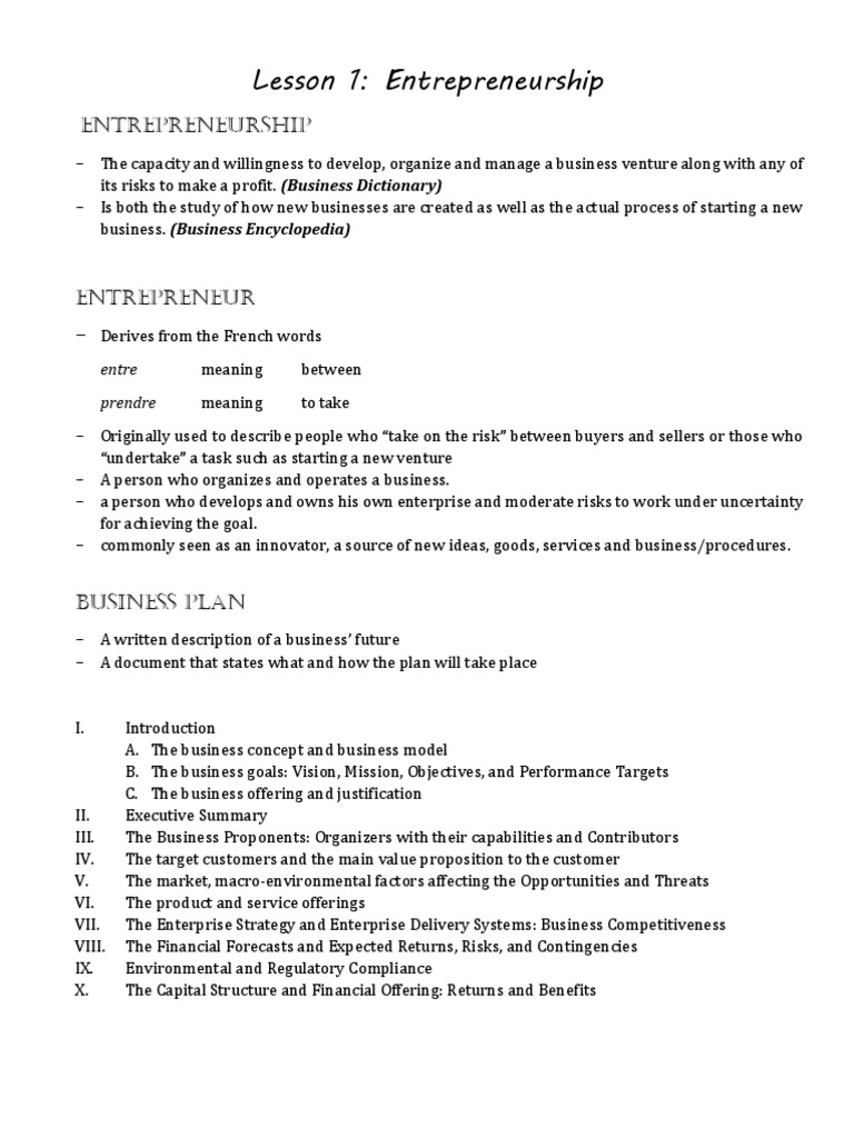 Lesson 1: Entrepreneurship | PDF