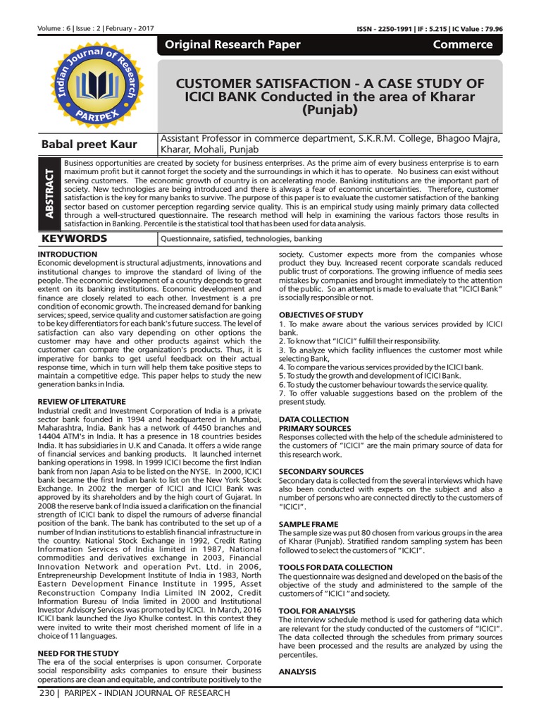 Customer Satisfaction - A Case Study of ICICI BANK Conducted in The ...