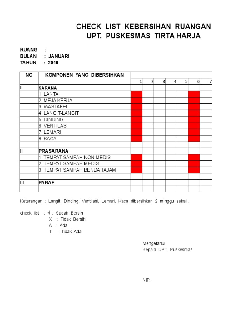 Checklist Kebersihan Ruangan Puskesmas | PDF