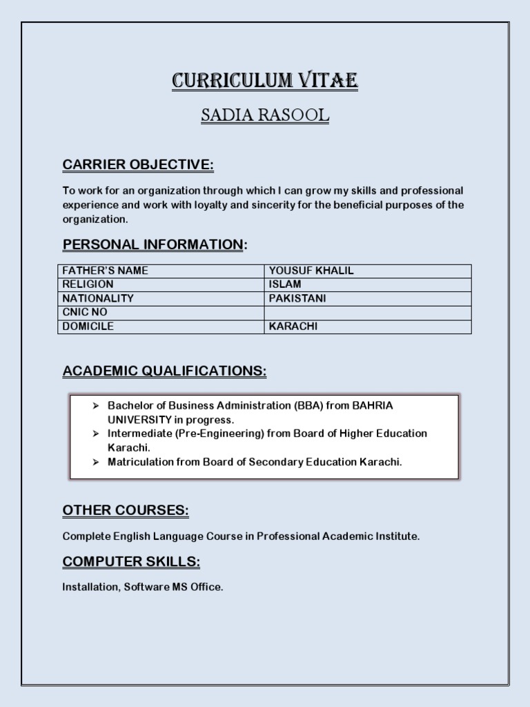 Curriculum Vitae: Sadia Rasool | PDF | Educational Stages | Cognition