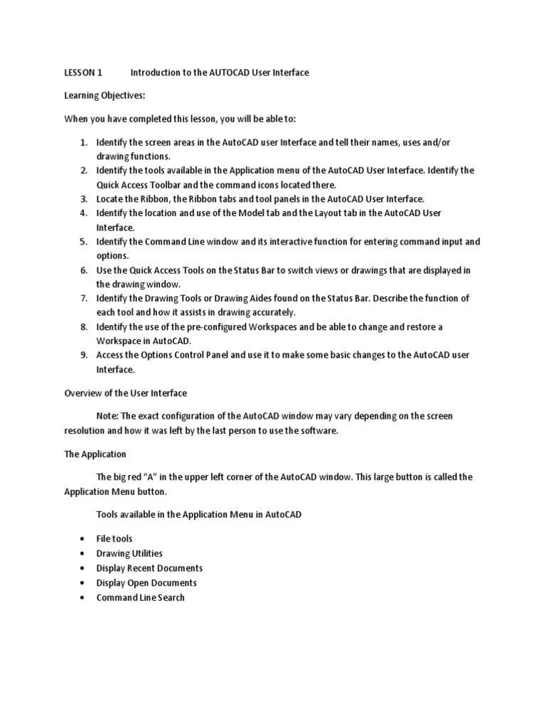 Lesson 1 Introduction To The Autocad User Interface Pdf Menu Computing Graphical User