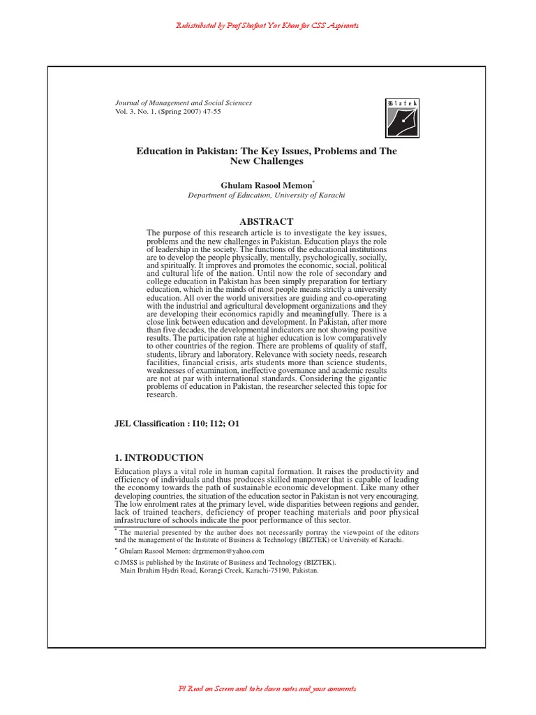 Education In Pakistan The Key Issues Problems And The New Challenges