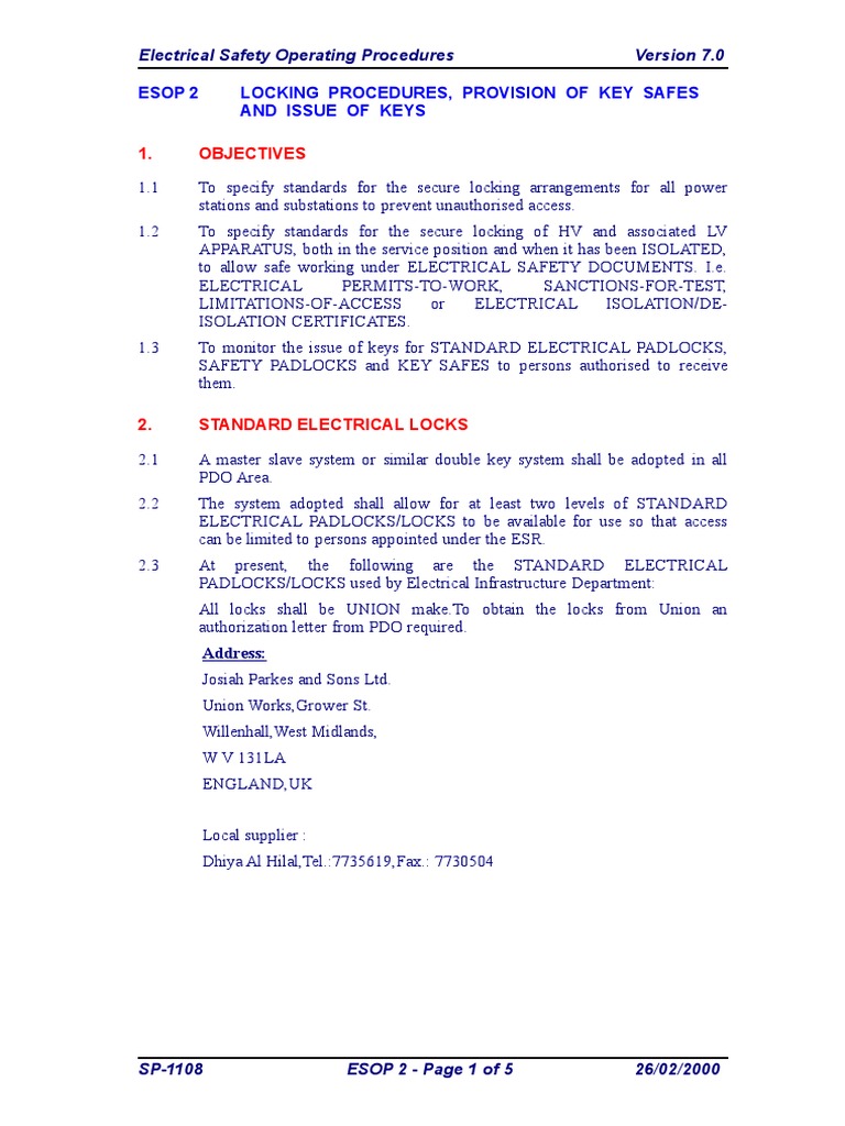 Sp-1108 (02) - Locking Procedures, Provision of Key Safes and Issue of ...
