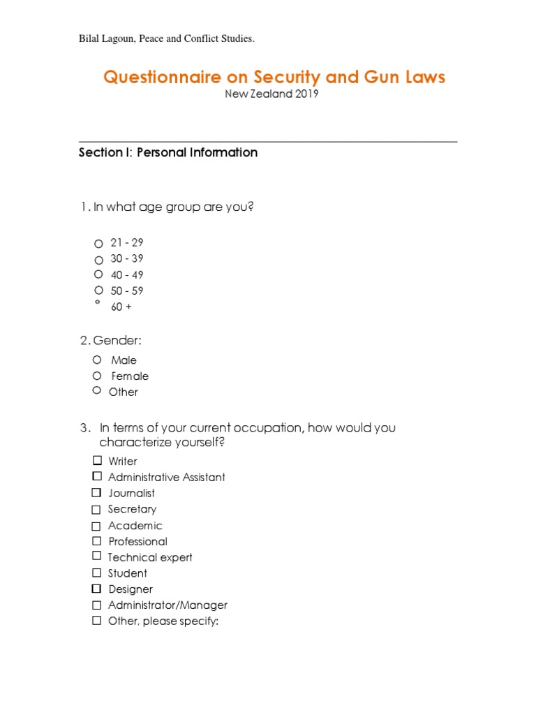 Questionnaire On Security and Gun Laws: Section I: Personal Information ...