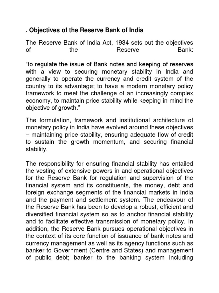 Objectives of The Reserve Bank of India | PDF | Central Banks ...