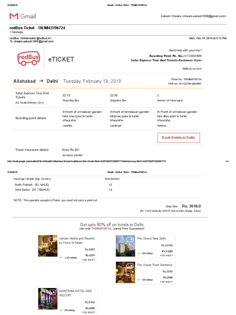 RedBus Ticket - Allahabad To Delhi | Download Free PDF | Baggage | Bus