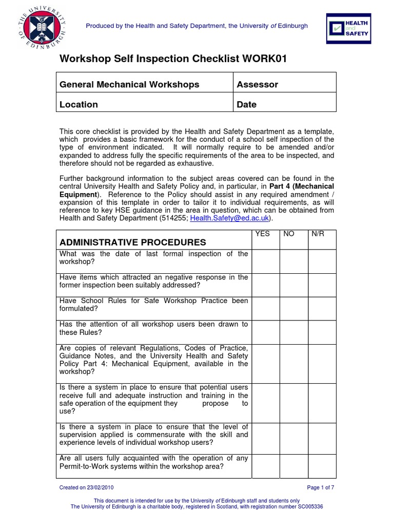 Workshop Self Inspection Checklist WORK01: General Mechanical Workshops ...