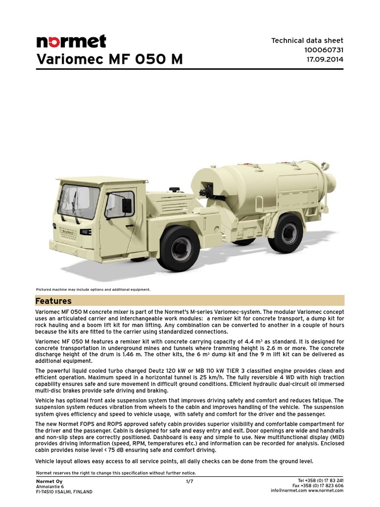Technical Data Sheet NORMET Variomec MF 050 M | PDF | Truck ...