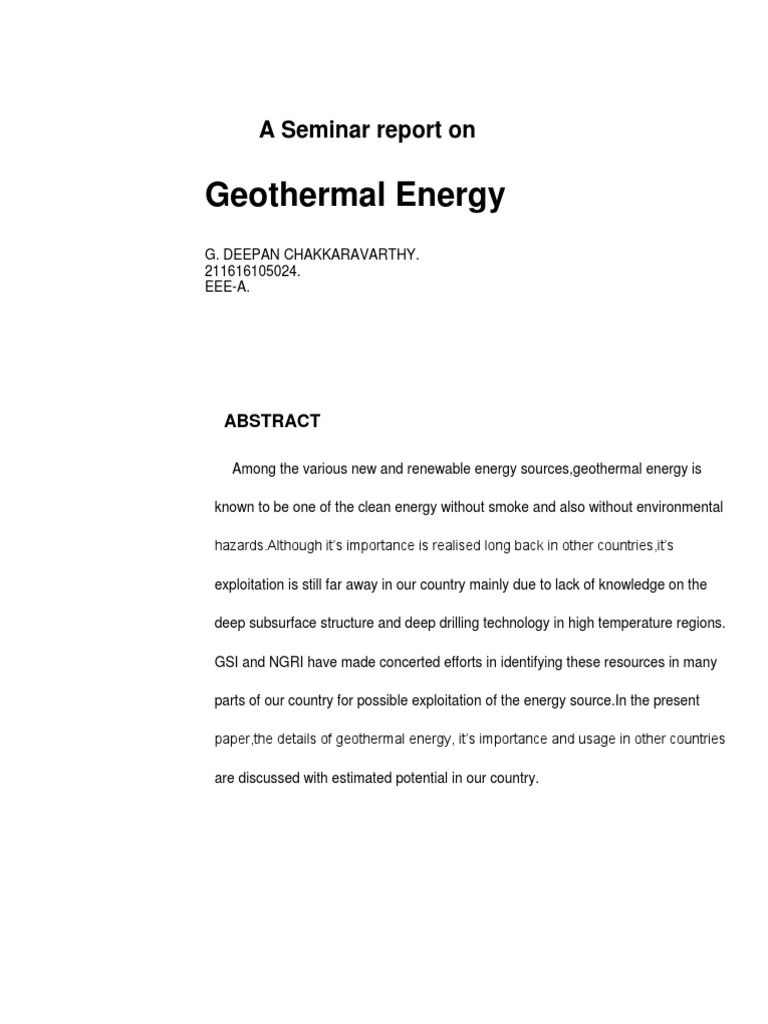 Geothermal Energy: A Seminar Report On | PDF | Geothermal Energy ...