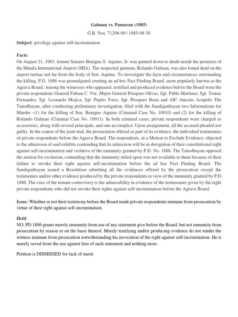 Galman Vs Pamaran Case | PDF | Right To Silence | Self Incrimination