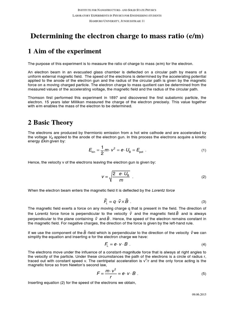 Determining The Electron Charge To Mass Ratio (E/m) : 1 Aim of The Experiment | PDF | Electron ...