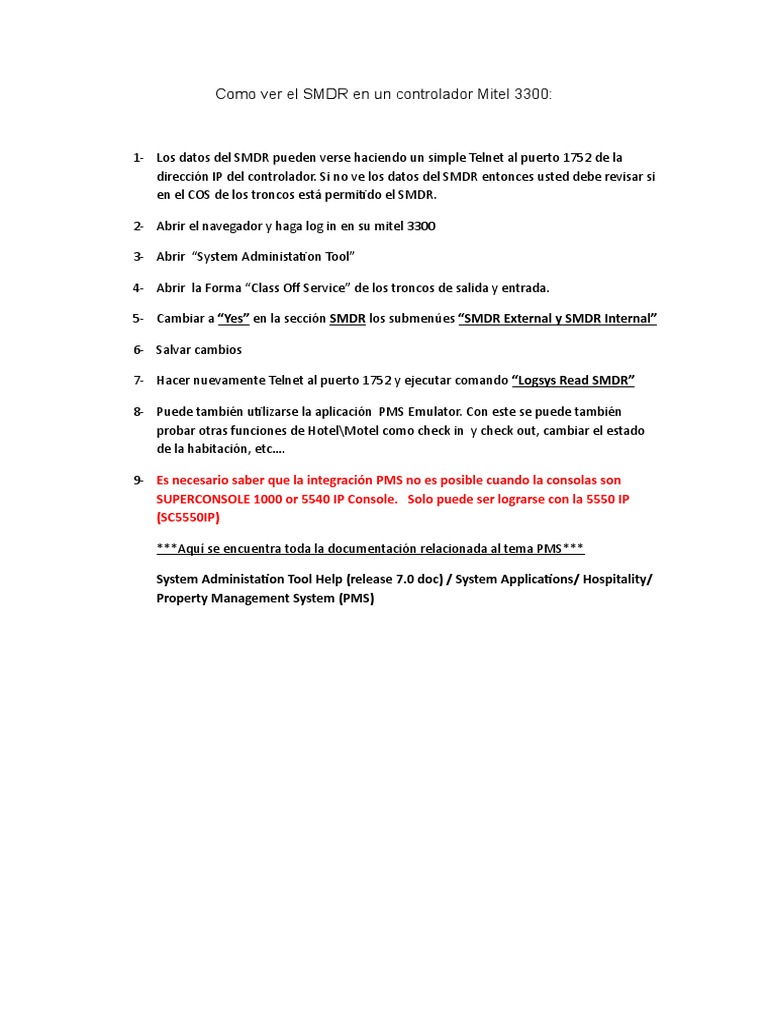 Como Ver El SMDR en Un Controlador Mitel 3300 | PDF