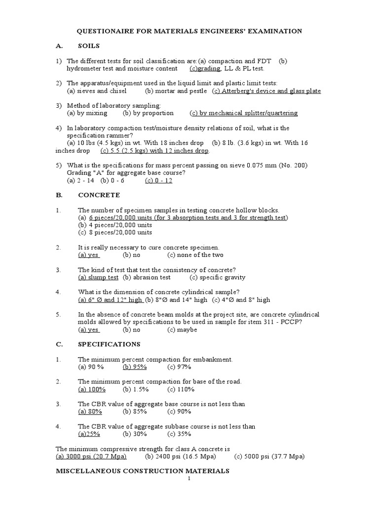 Questionaire For Materials Engineers' Examination A. Soils | PDF | Asphalt | Concrete