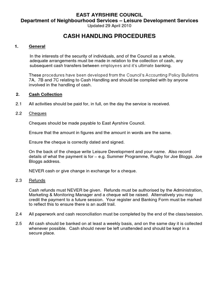 East Ayrshire Cash Handling Procedures | PDF | Cheque | Payments