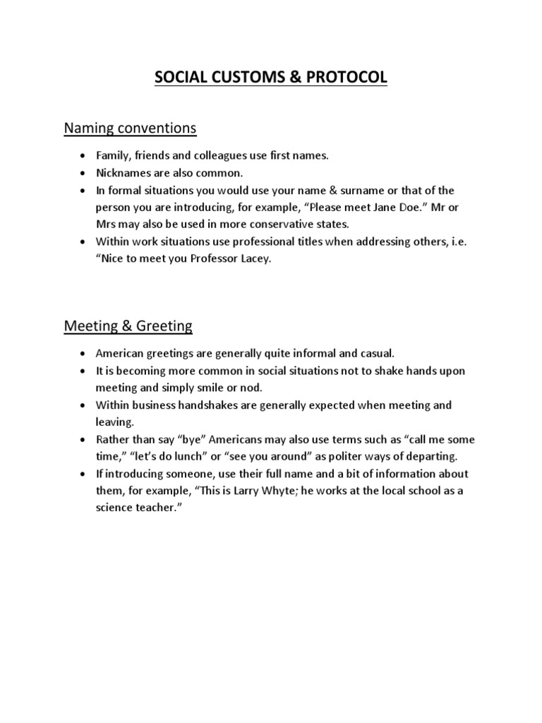 Social Customs & Protocol: Naming Conventions | PDF | Clothing | Eating
