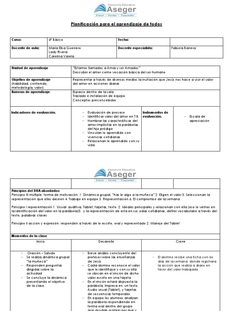 Formato Planificación DUA Ok | PDF | Maestros | Evaluación