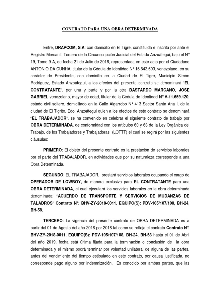 Contrato para Una Obra Determinada | PDF | Derecho laboral | Tiempo de trabajo