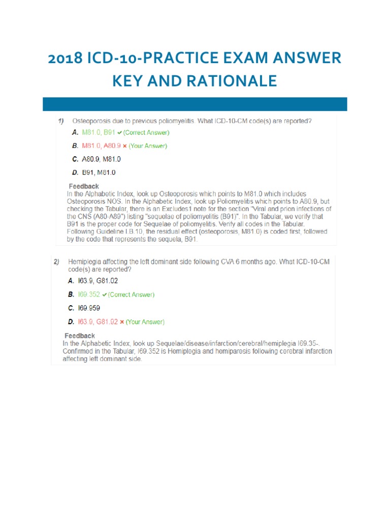 2018 Icd-10-Practice Exam Answer Key and Rationale | PDF