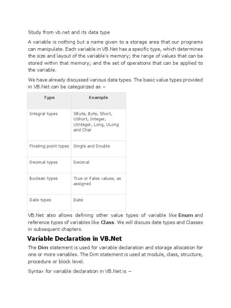 Type Example: Integral Types Sbyte, Byte, Short, Ushort, Integer, Uinteger, Long, Ulong and Char ...