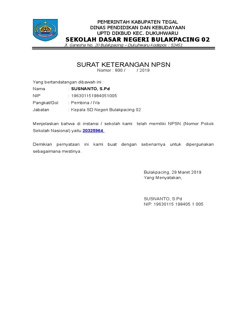 Surat Keterangan NPSN - 2019 | PDF