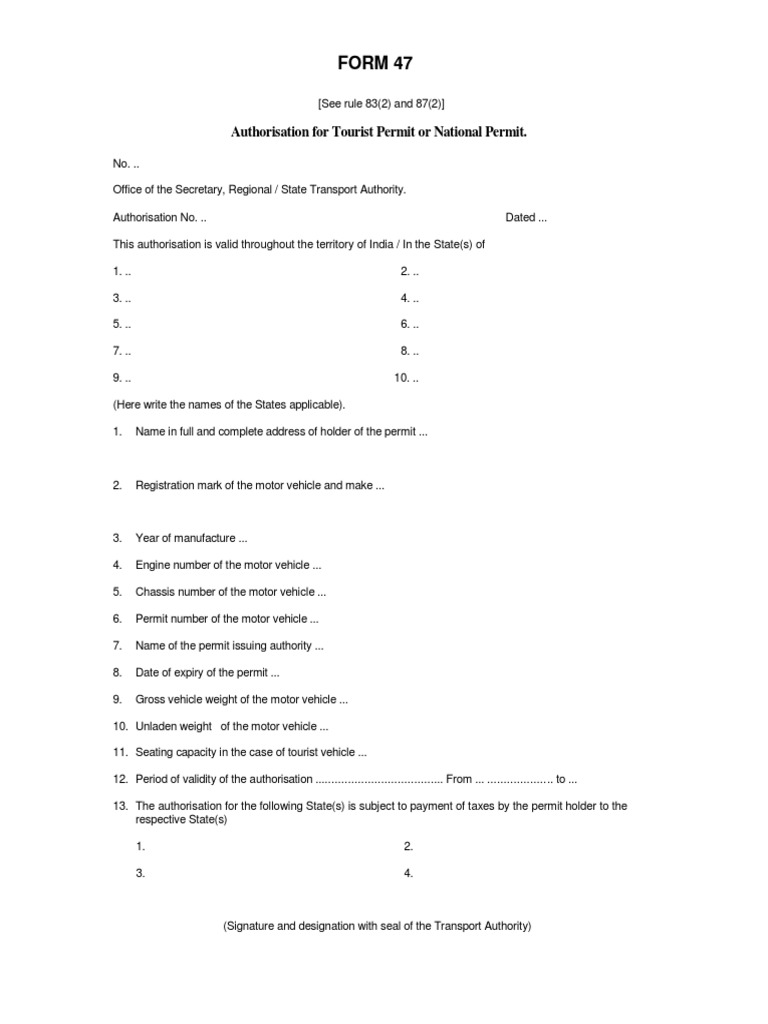 Form 47: Authorisation For Tourist Permit or National Permit | PDF