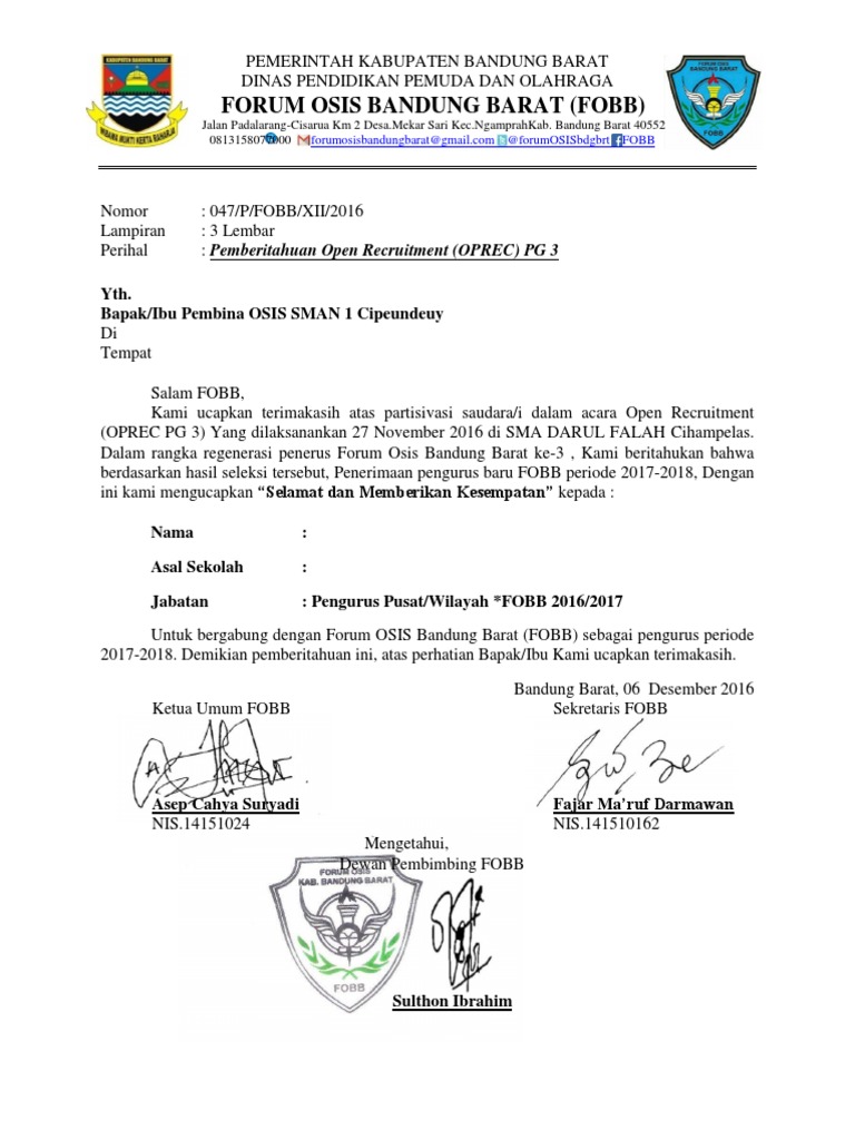Daftar Lulus Seleksi FOBB 2016 | PDF