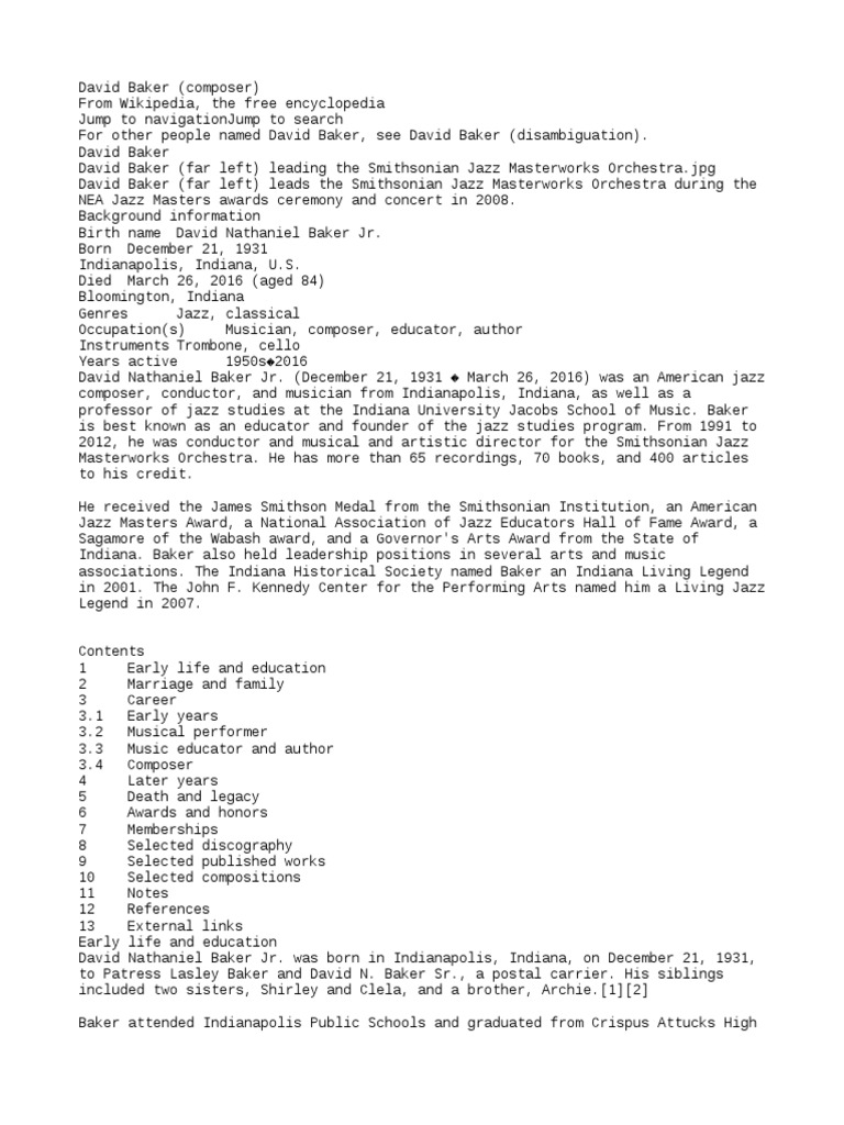 David Baker - Jazz | PDF | Performing Arts | Classical Music