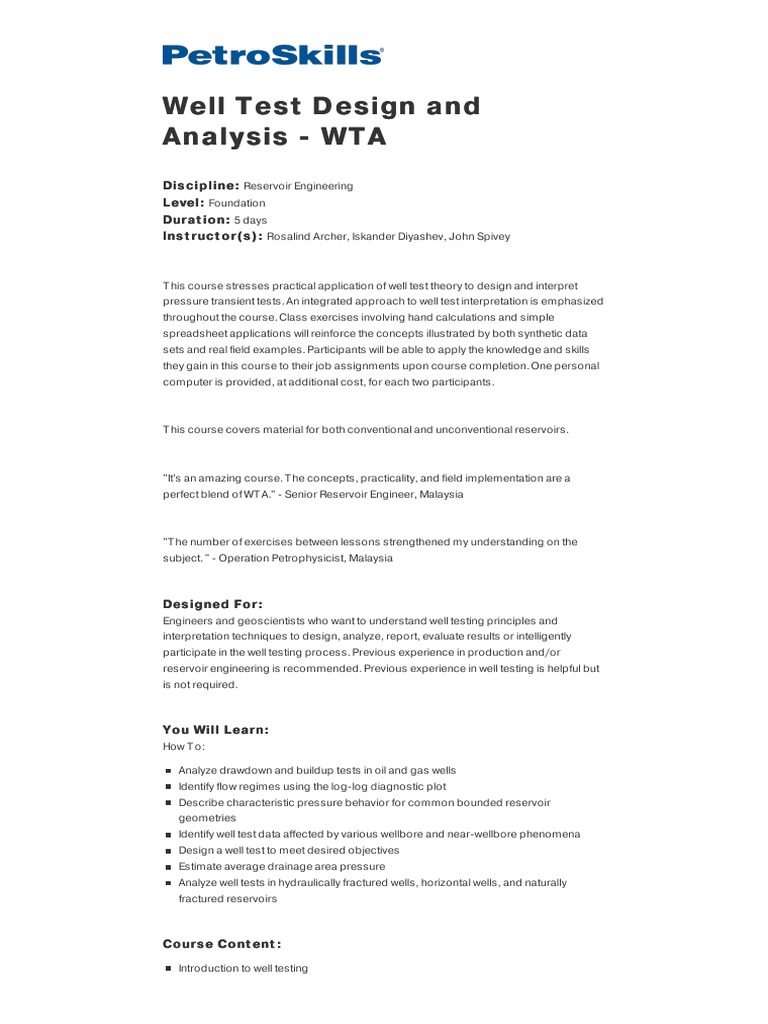 Well Test Design and Well Test Design and Analysis - WTA Analysis - WTA ...