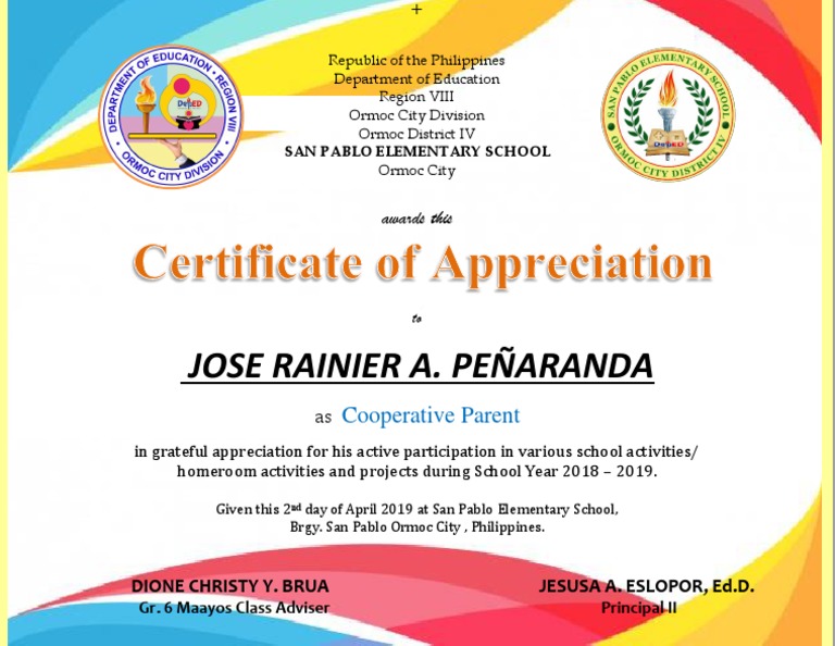 Certificate of Appreciation For Cooperative Parent | PDF