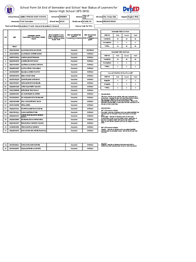 1ST SEM School Form 5A (SF 5A) | PDF