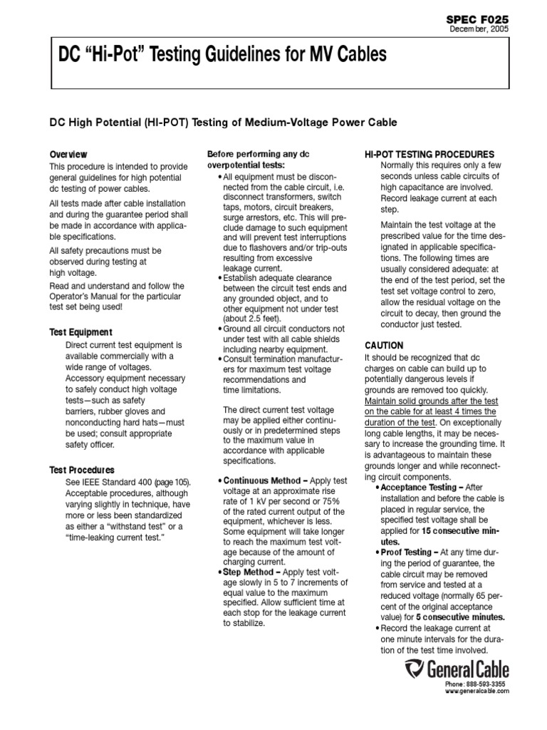 DC HiPot Testing Guidelines For MV Cables General Cable PDF | PDF ...