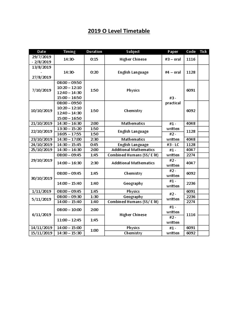 2019 O Level Exam Timetable | PDF | Educational Stages | Cognition