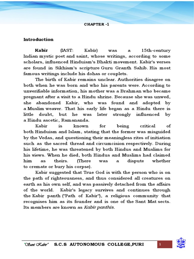 Kabir Das: Life and Teachings Overview | PDF | Religious Faiths ...