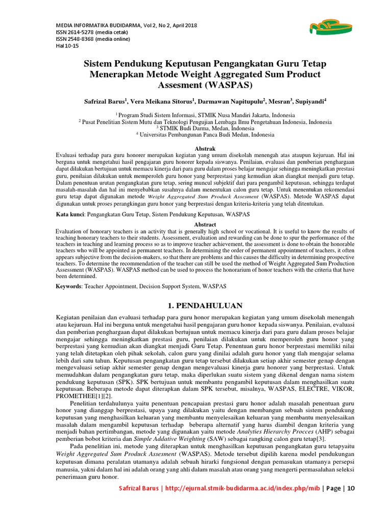 Sistem Pendukung Keputusan Pengangkatan Guru Tetap Menerapkan Metode Weight Aggregated Sum ...