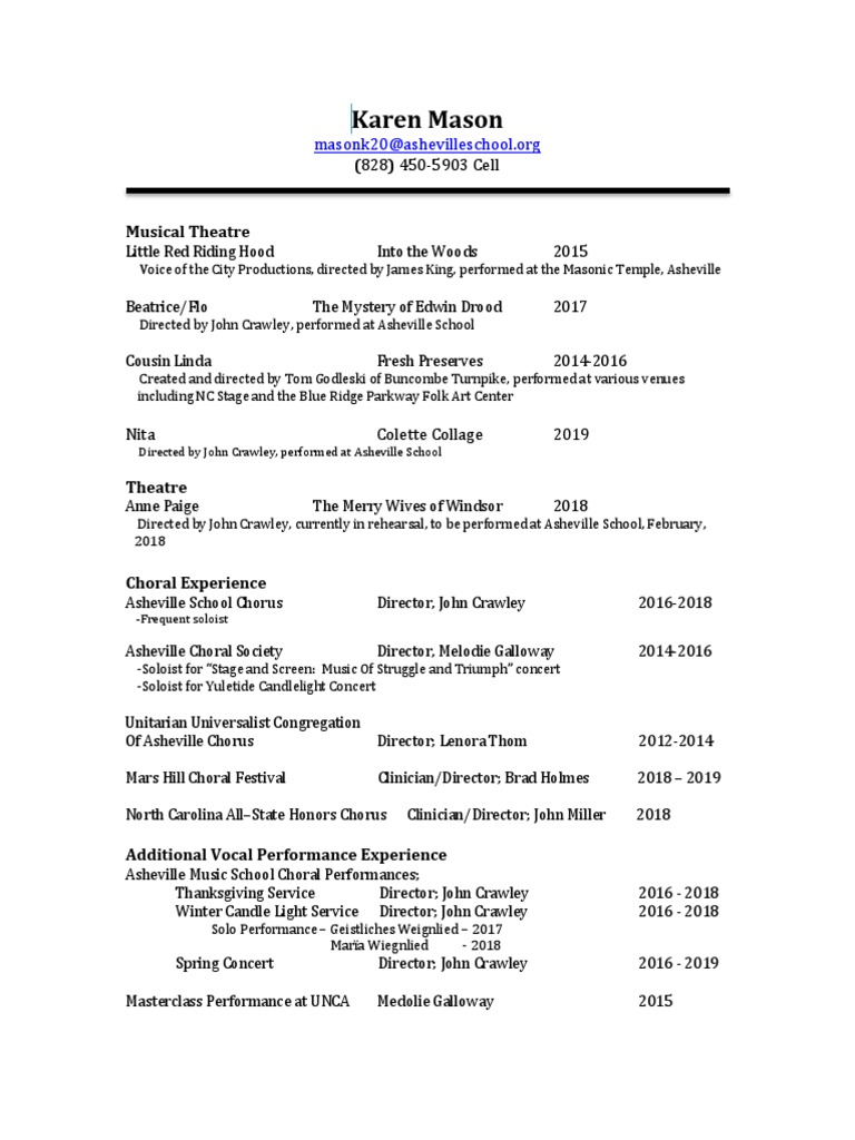 Mason-Artistic Resume-2019 (Recent) | PDF | Performing Arts | Entertainment