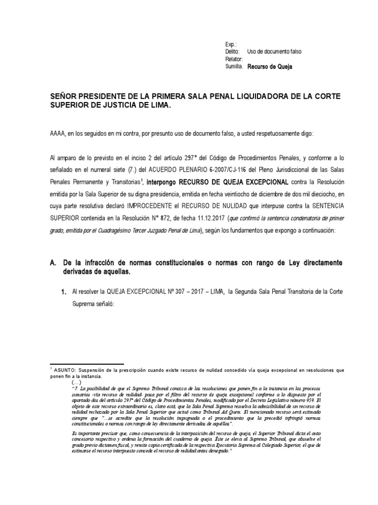 Modelo de Recurso de Queja Excepcional - Proceso Penal - Codigo de Procedimientos Penales de ...