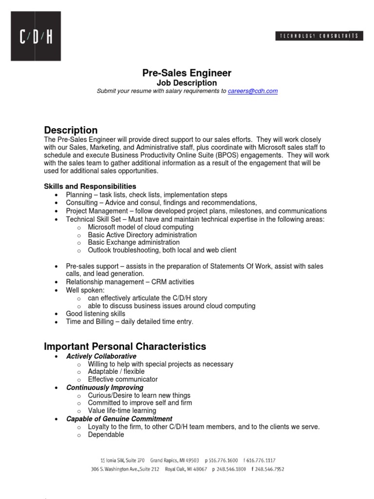 CDH Pre-Sales Engineer | Download Free PDF | Business