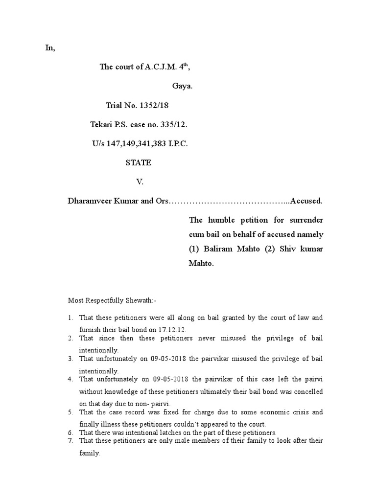 Surrender Cum Bail Petition in Tekari Ps | PDF