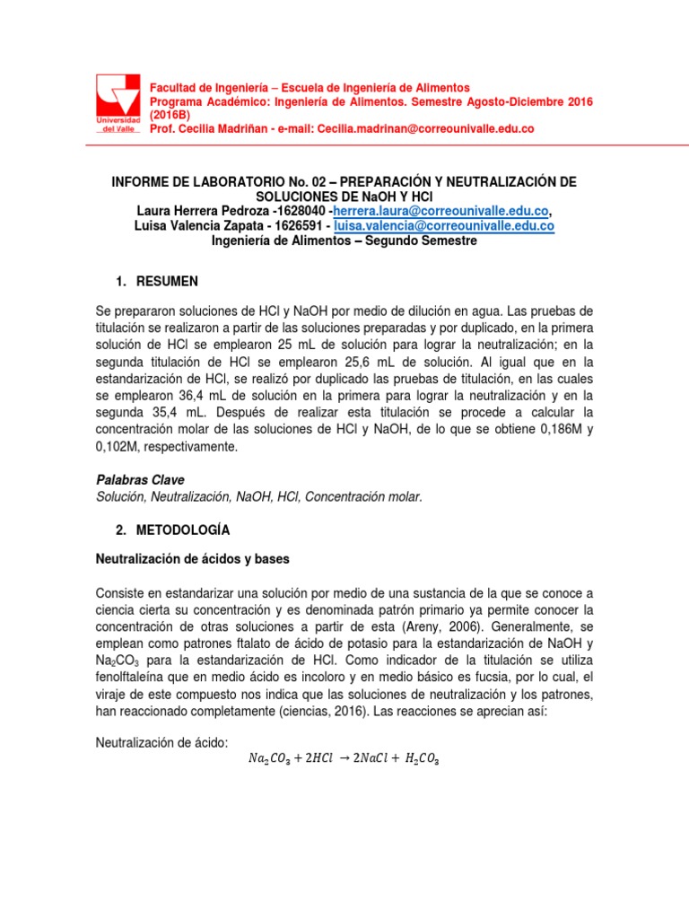 Informe 2 - Neutralización de Soluciones FINAL2 | PDF | Ácido clorhídrico | Valoración